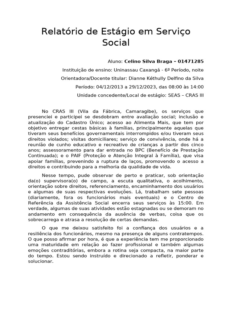Relatório Estágio No CRAS III - Serviço Social | PDF