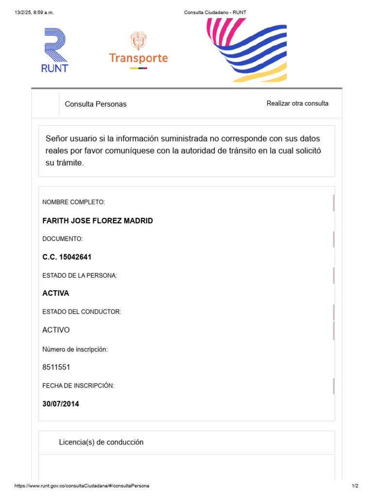 Consulta Ciudadano - RUNT | PDF