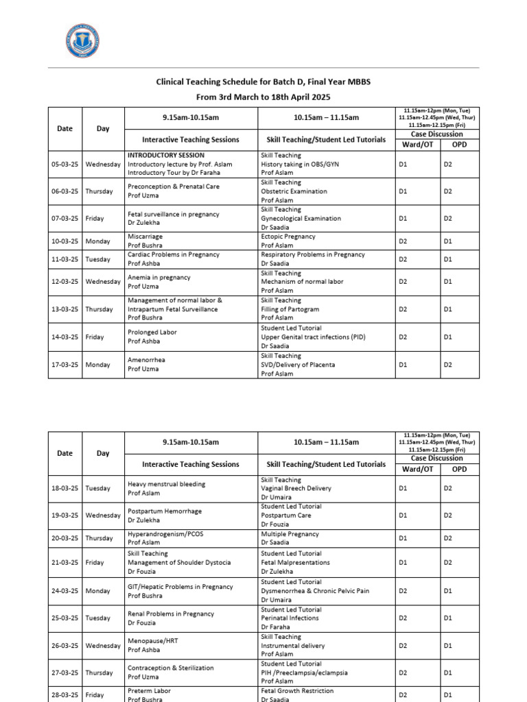 Clinical Teaching Schedule: Obs & Gyn | PDF | Childbirth | Pregnancy