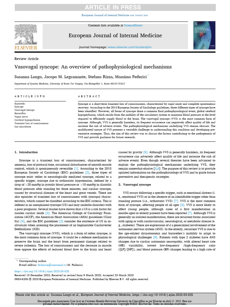 Vasovagal Syncope An Overview of Pathophysiological Mechanisms | PDF ...