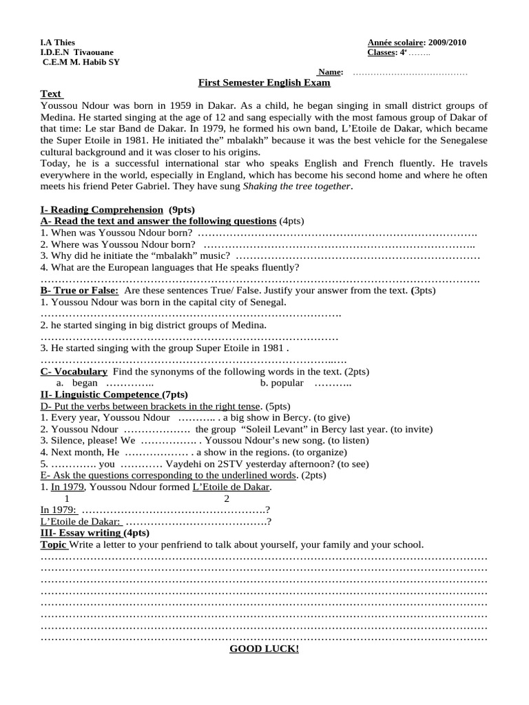 Engish Test 3rd Form 2009-2010 | PDF | Linguistics | Grammar