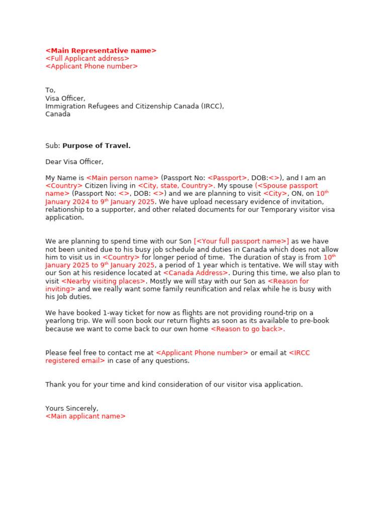 Visitor Visa Purpose of Travel Letter | PDF