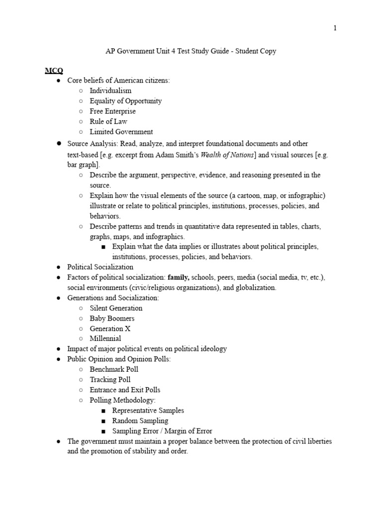 AP Government Unit 4 Test Study Guide - Student Copy | PDF | Opinion ...