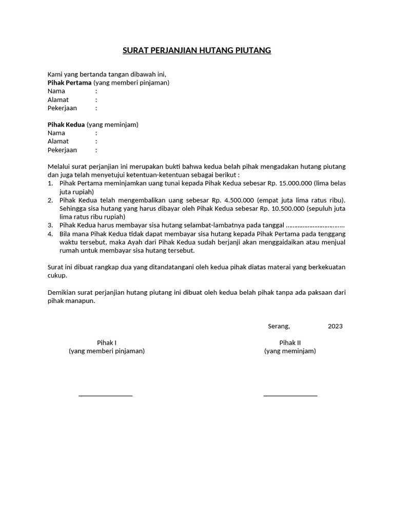 SURAT PERJANJIAN HUTANG | PDF