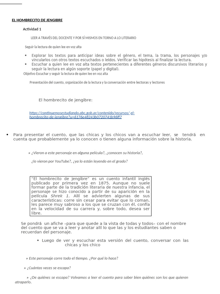 Actividades de Lectura: Hombrecito Jengibre | PDF | Escritura | Cuentos