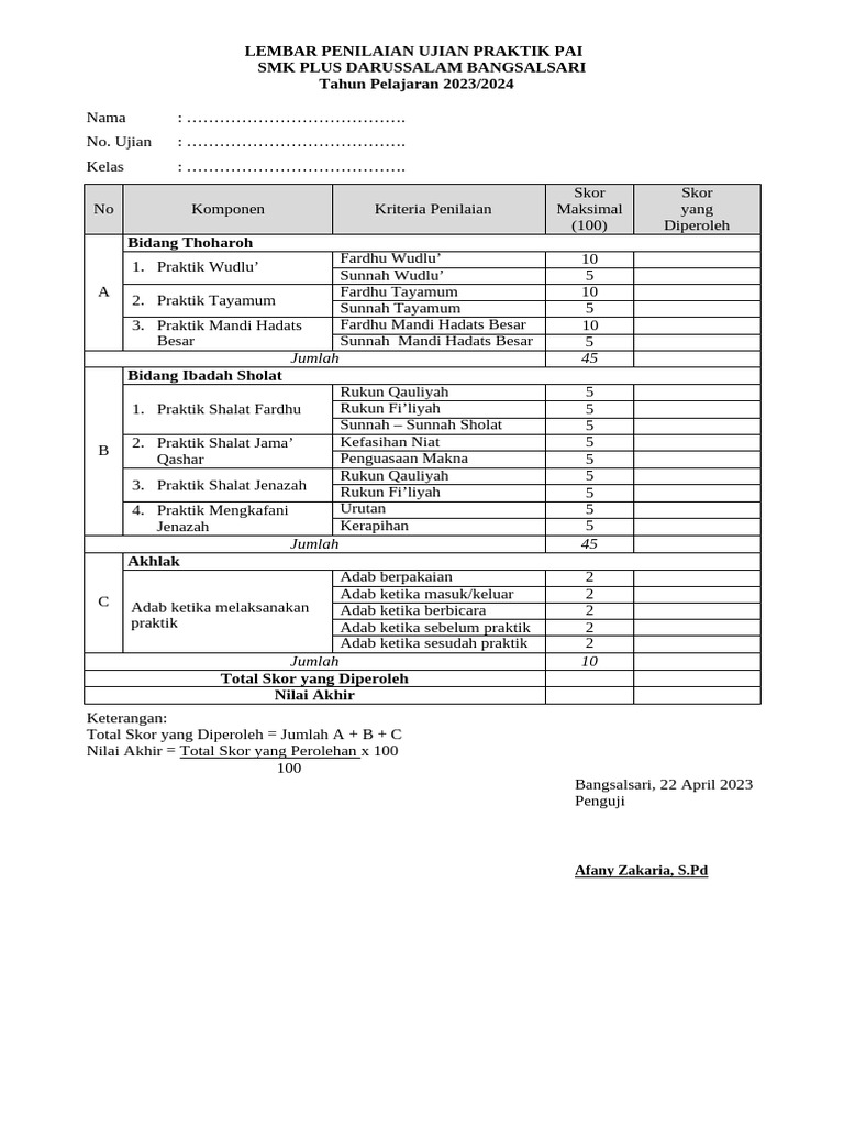 LEMBAR PENILAIAN UJIAN PRAKTIK 2024 SMK | PDF