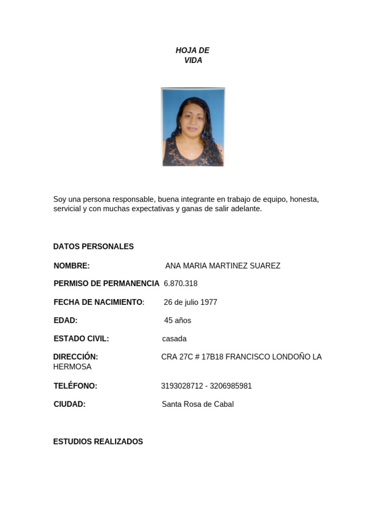 Hoja de Vida Ana | PDF