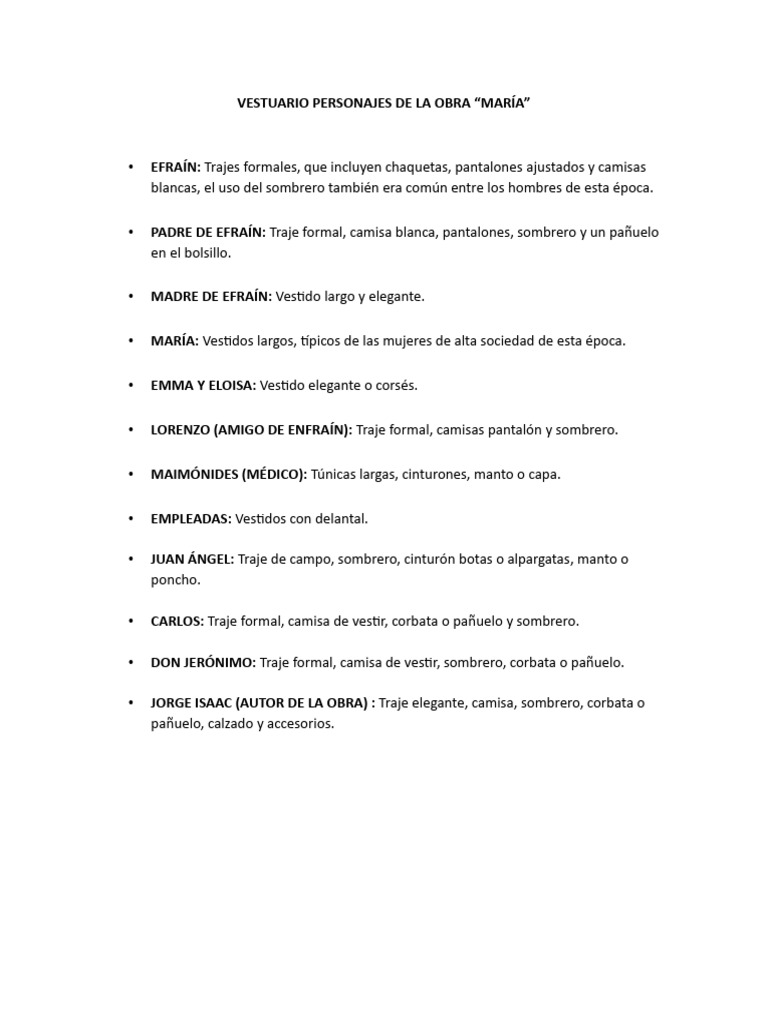 VESTUARIO PERSONAJES DE LA OBRA MARIA | PDF