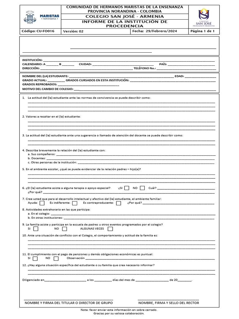 Cu Fo016 Informe de La Institucion de Procedencia | PDF