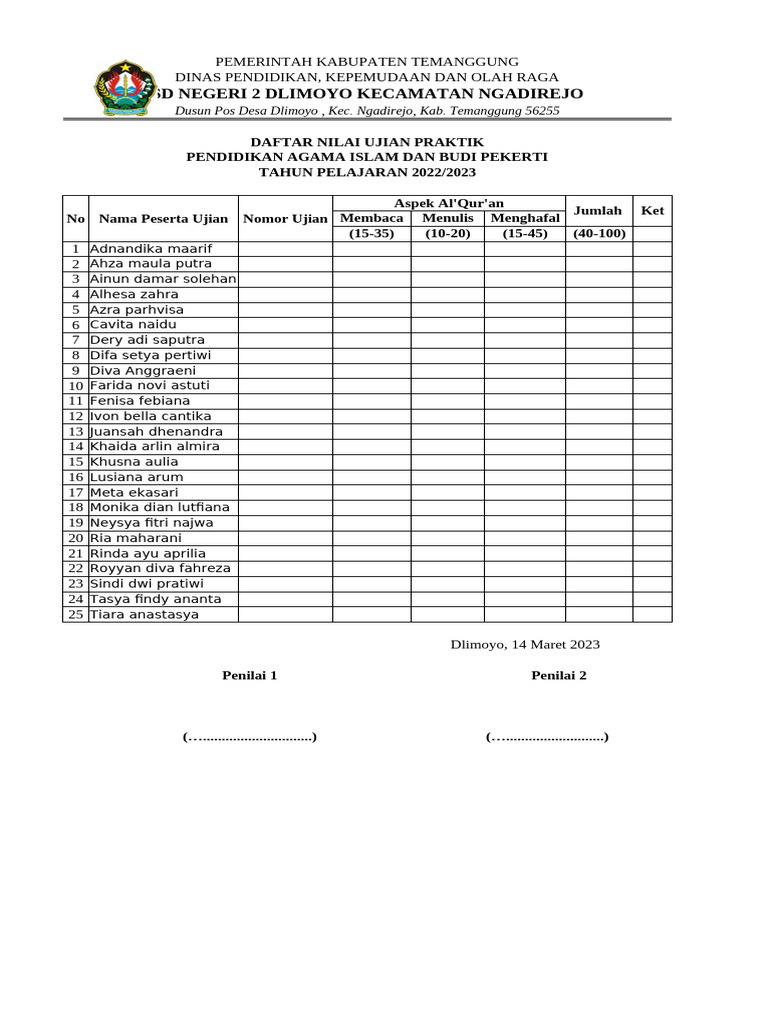 Daftar Nilai Pai Praktik Ujian 2023 | PDF