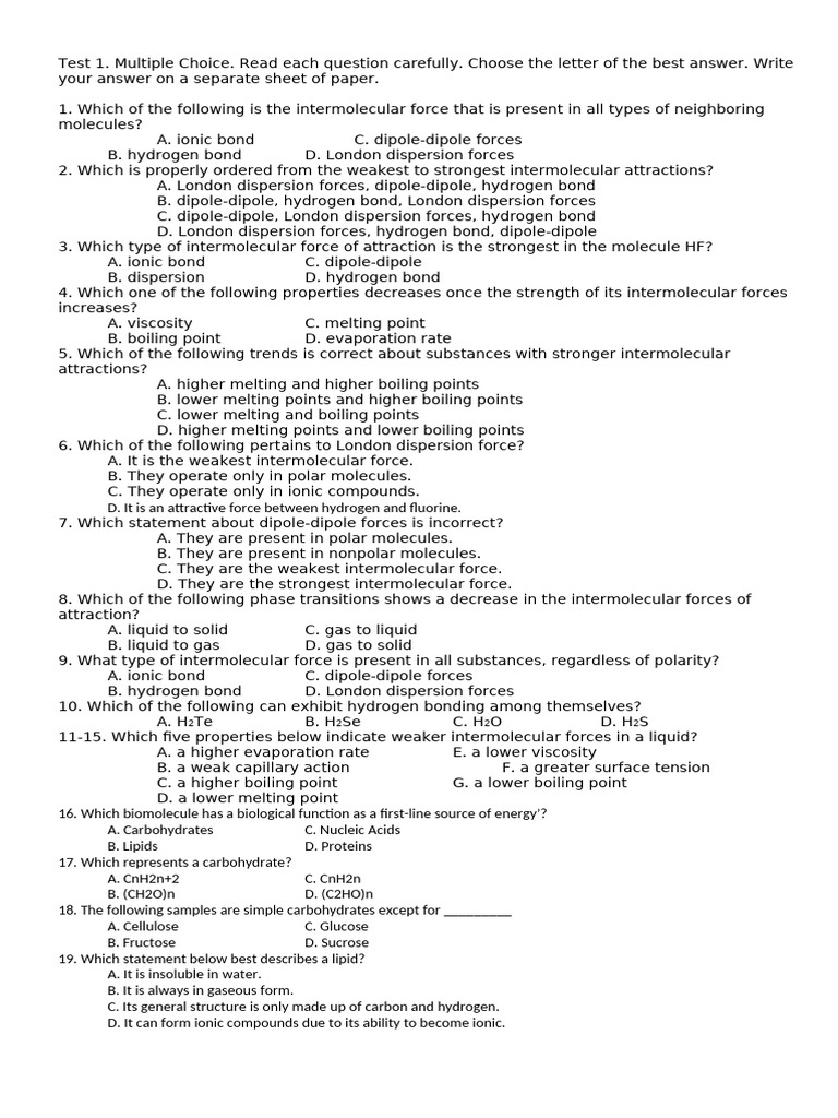 Multiple Choice 3 to 4 lesson | PDF | Intermolecular Force | Chemical ...
