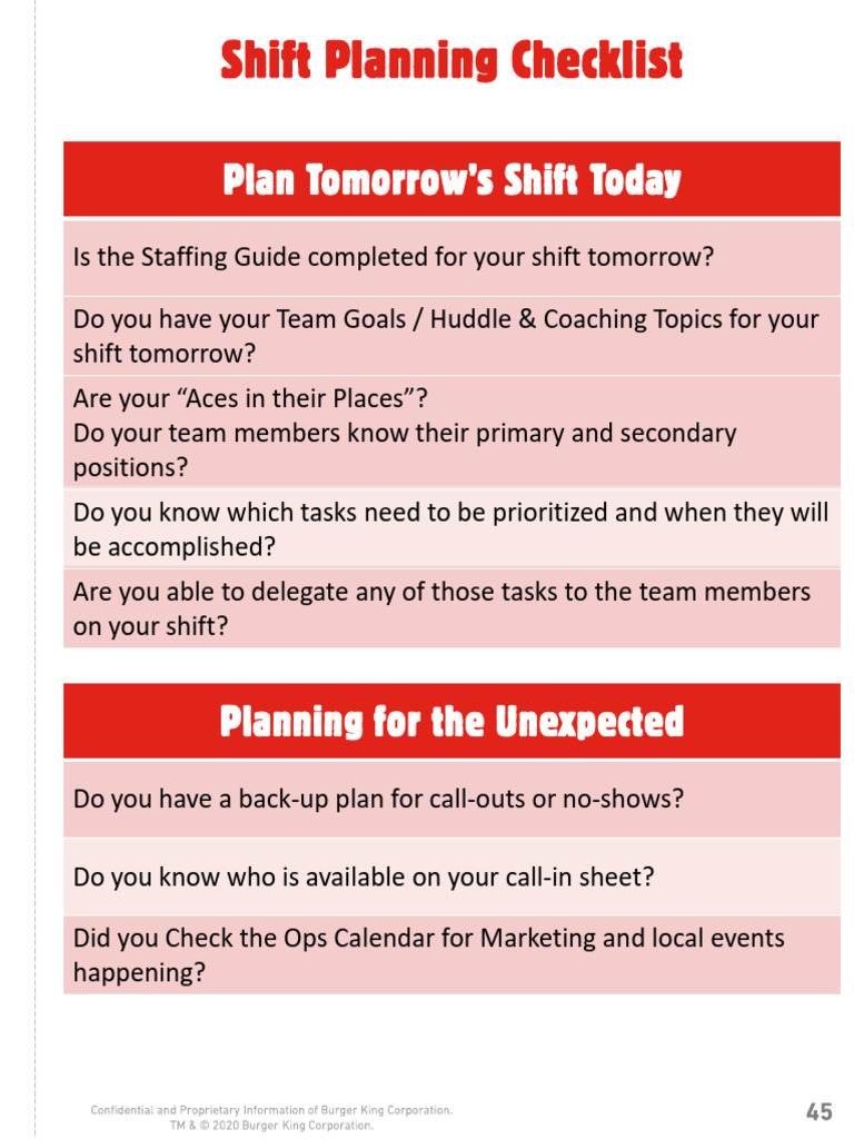 Tomorrow's Shift Checklist Guide | PDF