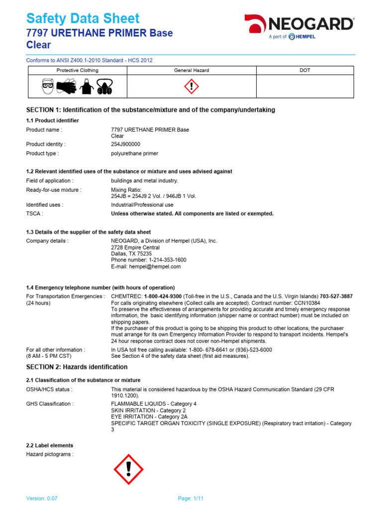 Safety Data Sheet for 7797 Urethane Primer | PDF | Fires | Personal ...