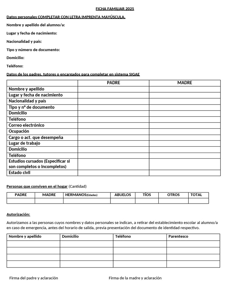 Ficha Familiar 2025 para Imprimir PDF | PDF