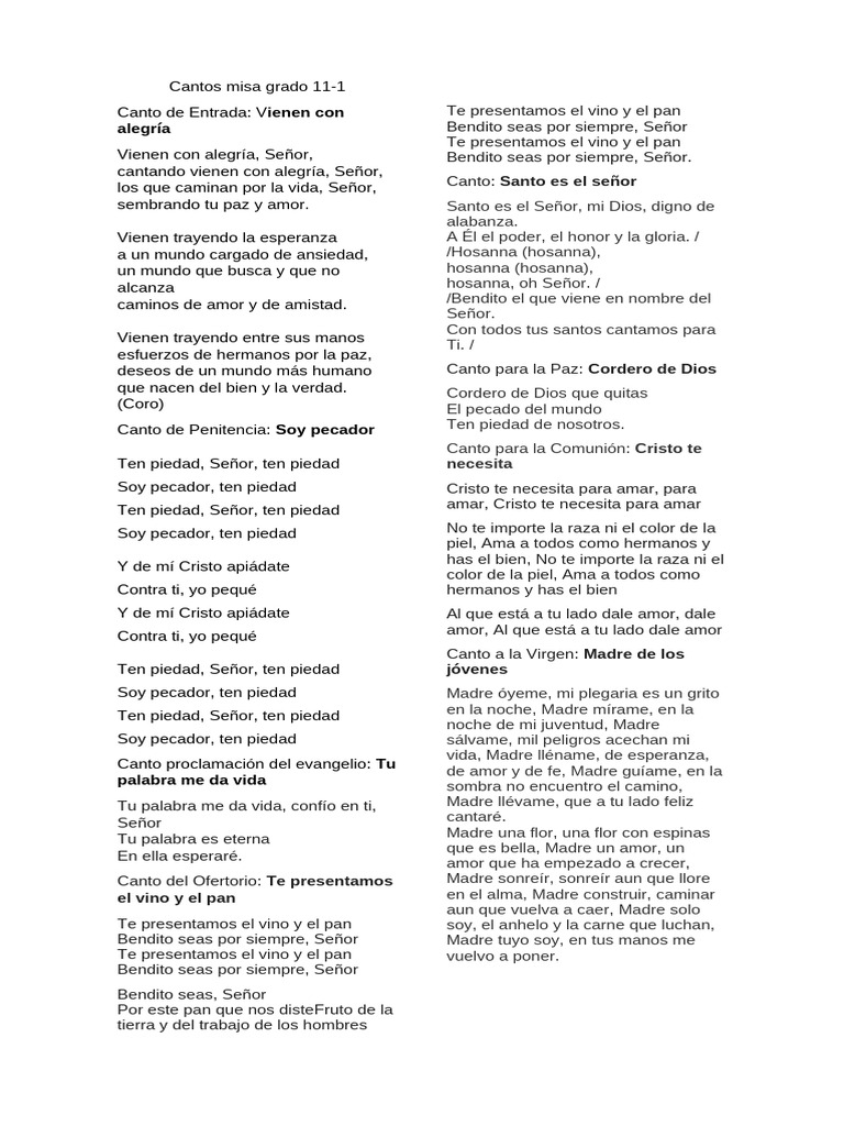 Cantos Misa Grado 11 | PDF | Pecado | Amor