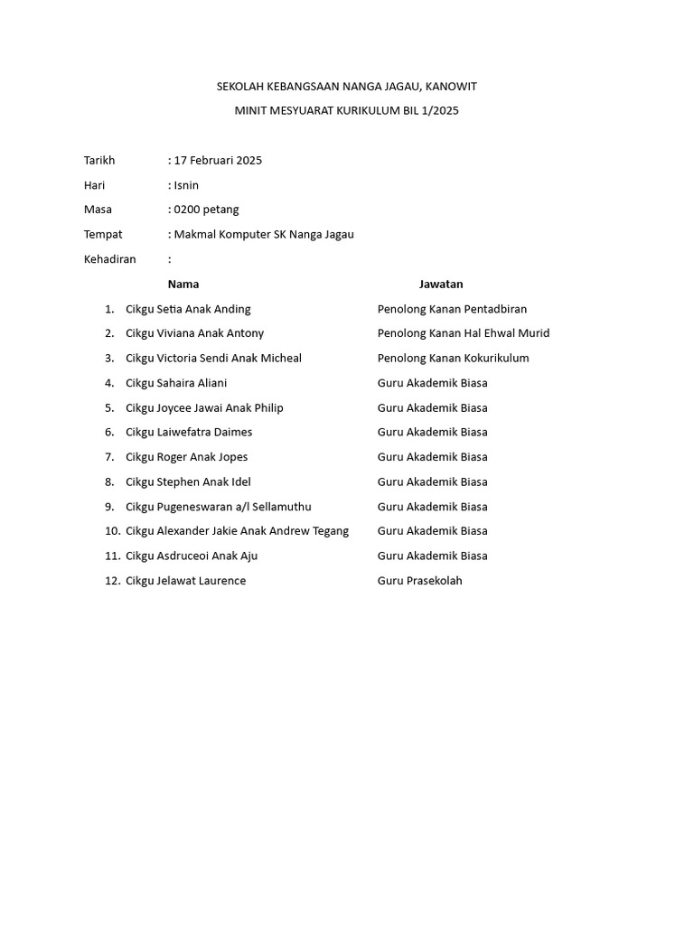 Minit Mesy Kurikulum Bil 1 2025 | PDF