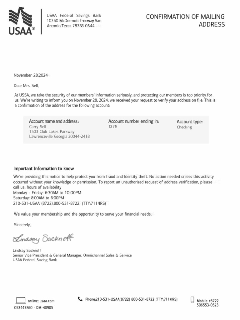 Usaa - Letterhead For Confirmation of Address 003 | PDF