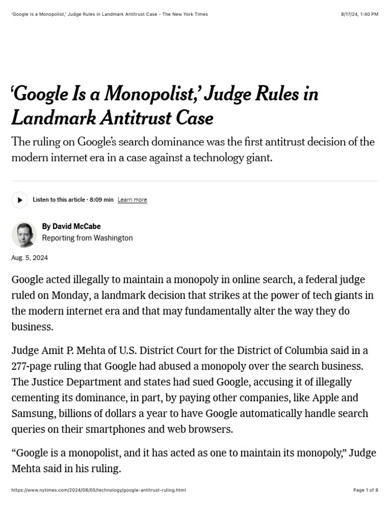 Google Is A Monopolist,' Judge Rules in Landmark Antitrust Case, NYT, 08-05-24 | PDF | Monopoly ...