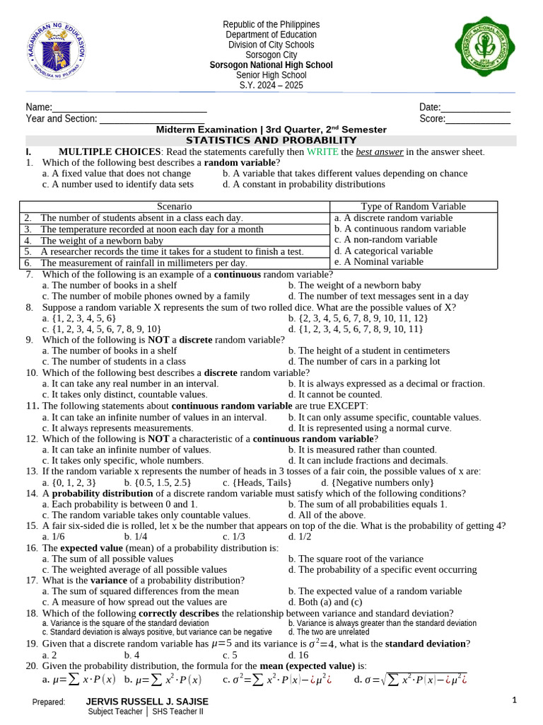 STAT&PROB Midterm Exam 2024-2025 | PDF | Probability Distribution | Variance