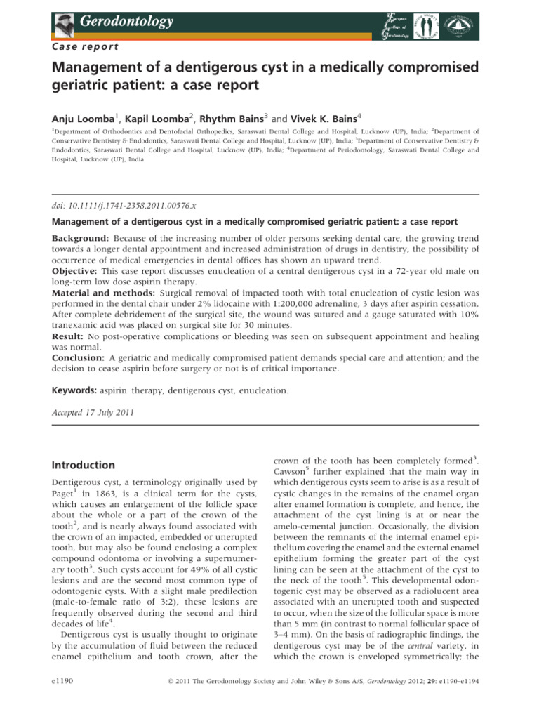 Gerodontology - 2012 - Loomba - Management of A Dentigerous Cyst in A ...