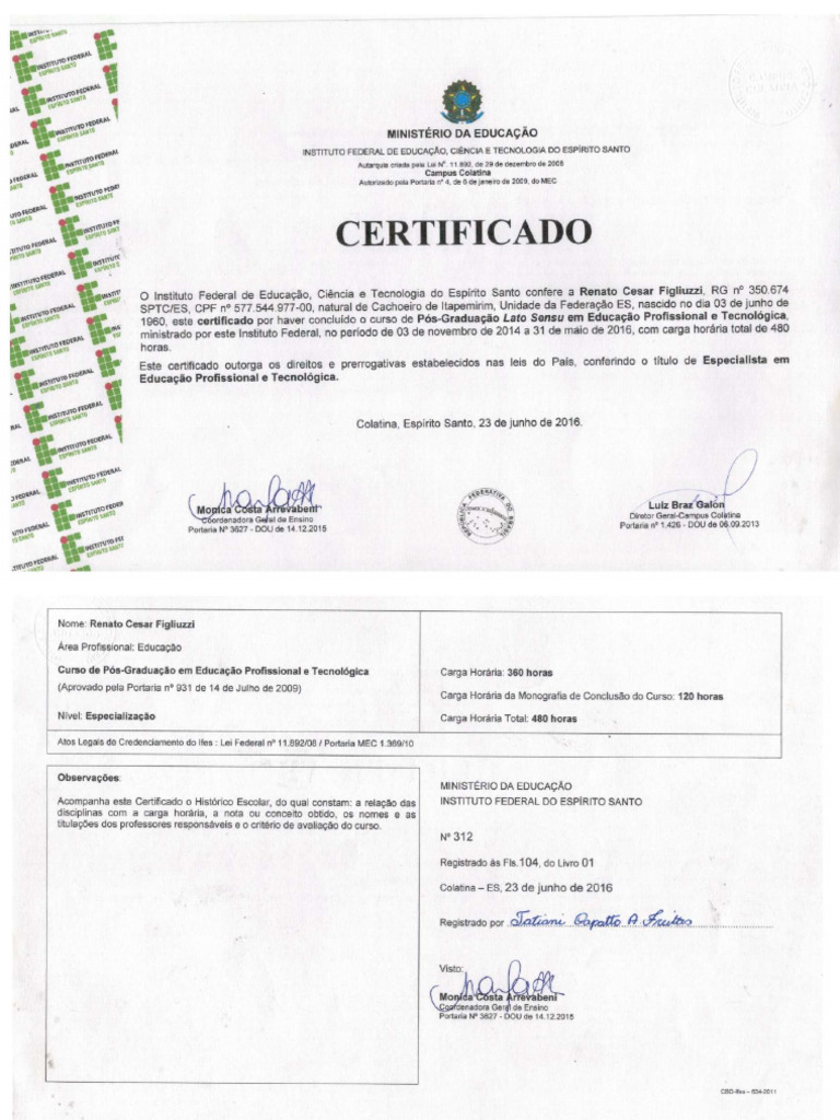 Certificado Pós Ifes Com Histórico e Ata de Defesa de TCC | PDF