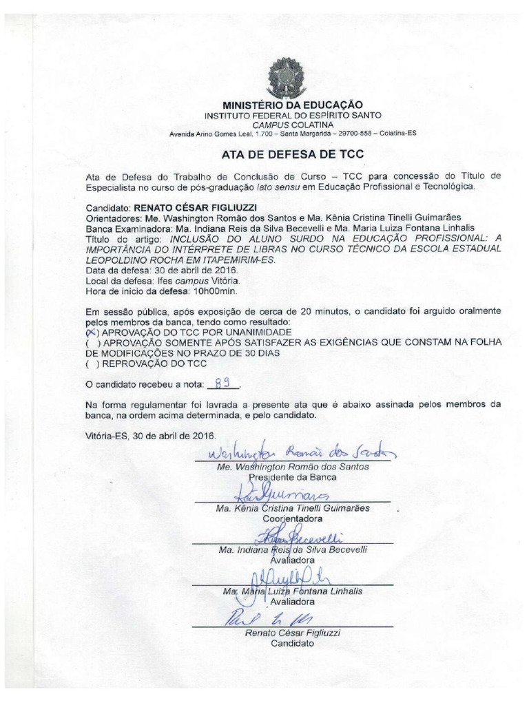 ATA DE DEFESA DO TCC PÓS IFES | PDF