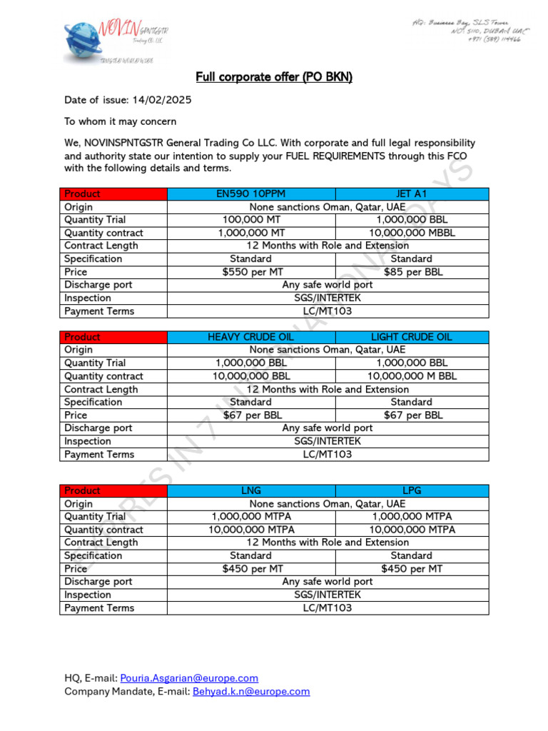 FCO for Fuel Supply by NOVINSPNTGSTR | PDF | Letter Of Credit | Barrel ...
