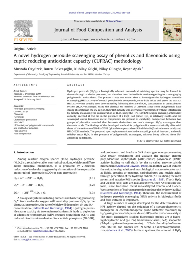 A Novel Hydrogen Peroxide Scavenging Assay of Phenolics and Flavonoids ...