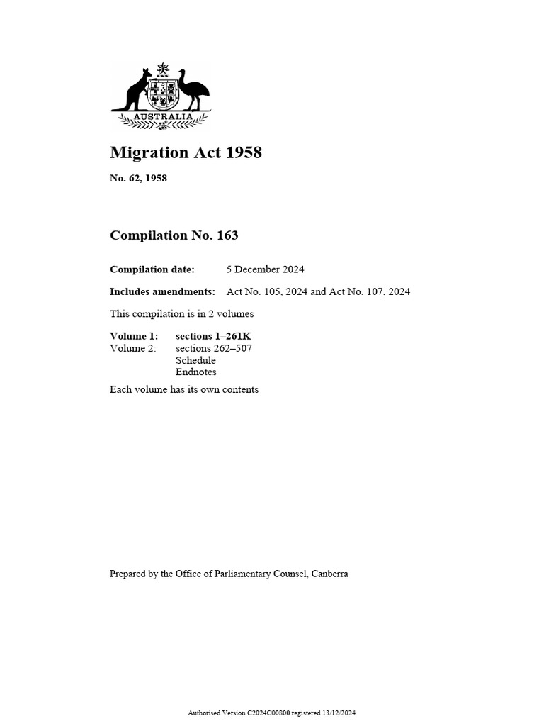 Migration Act 1958 Compilation 2024 | PDF | Travel Visa | Public Law