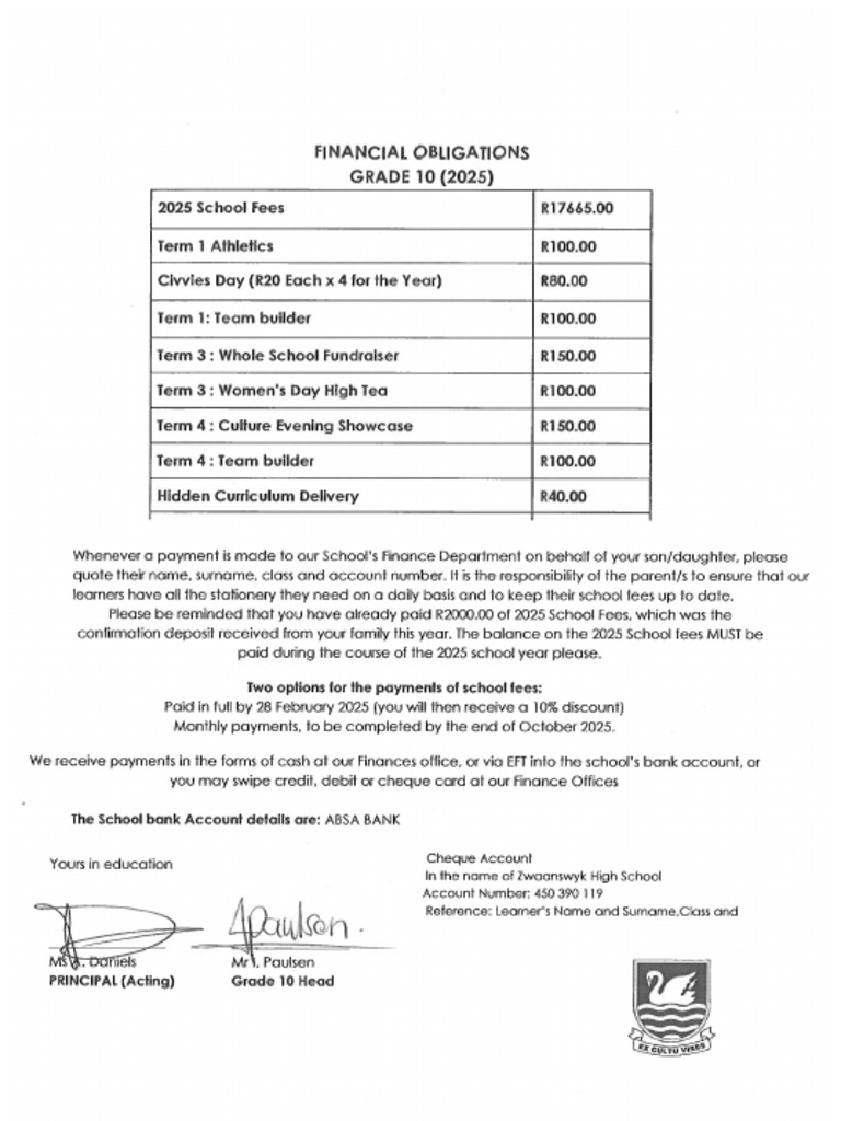 Grade 10 Financial Obligations 2025 | PDF