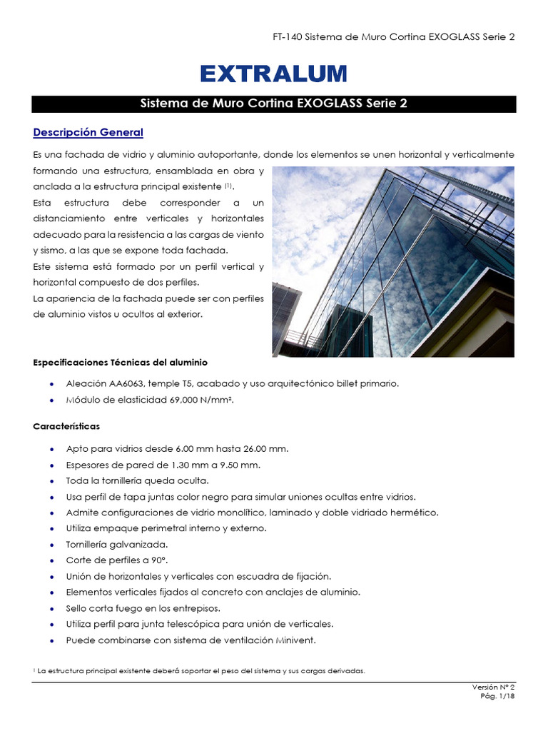 FT 140 Sistema de Muro Cortina EXOGLASS Serie 2 | PDF | Aluminio | Tornillo