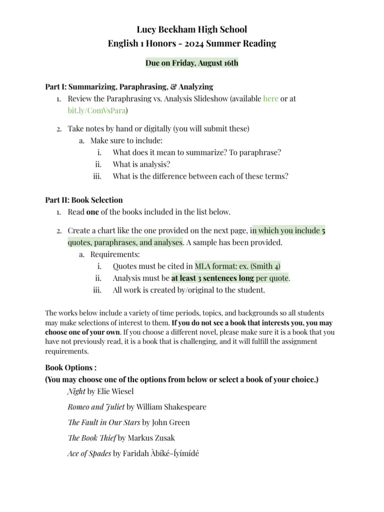 English 1 Honors Summer Reading | PDF