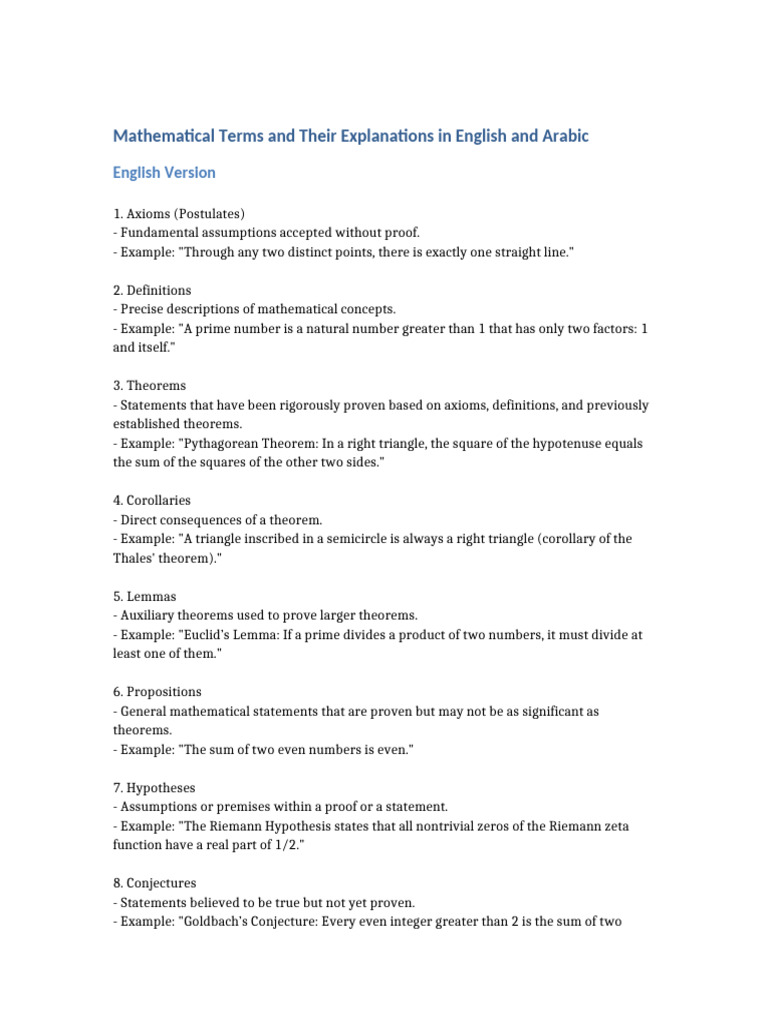 Mathematical Terms Explanations English Arabic | PDF