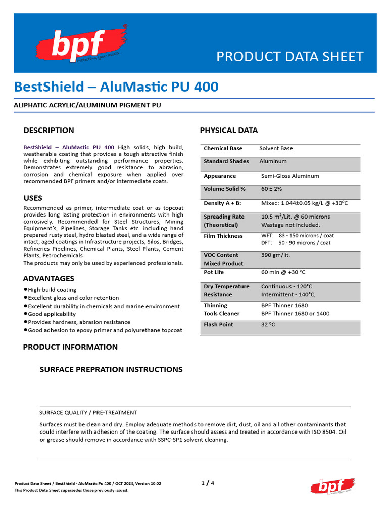 BestShield AluMastic PU 400 Data Sheet | PDF | Humidity | Secondary ...