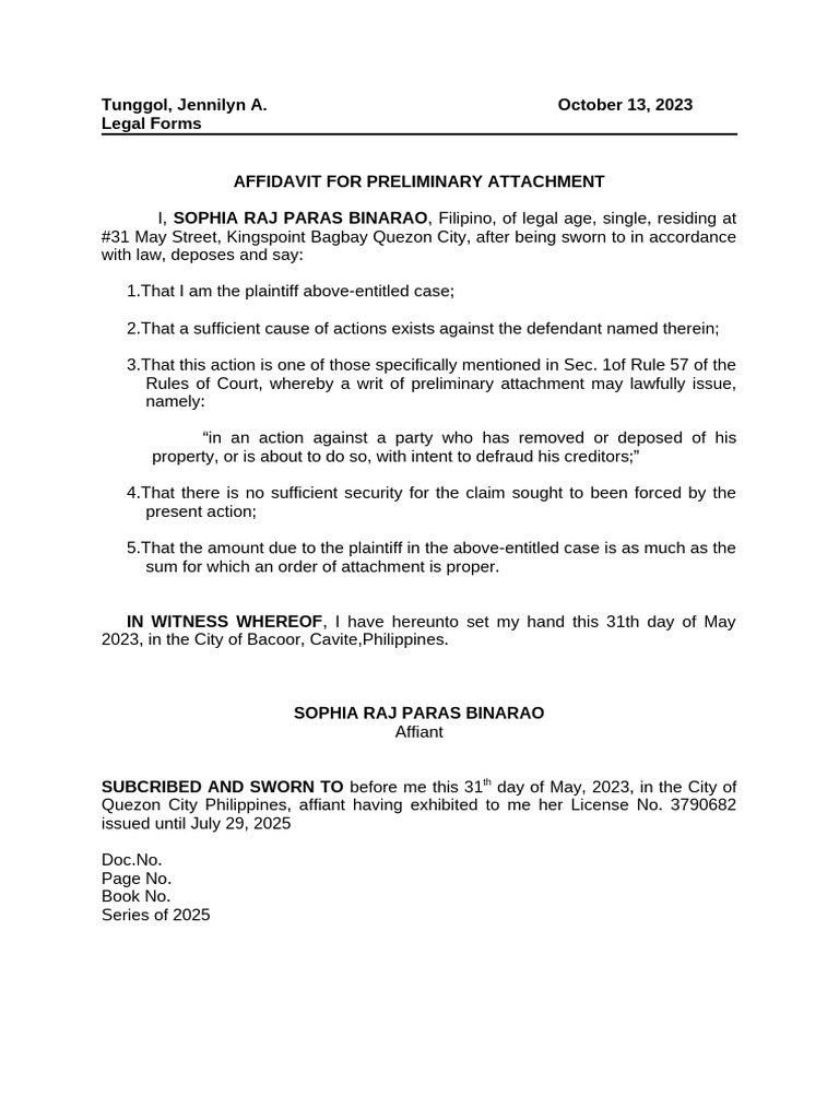 Affidavit For Preliminary Attachment | PDF