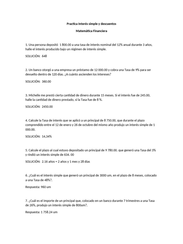 Practica Interés Simple y Descuentos 3C 2017 Solución | PDF | Interés | Business