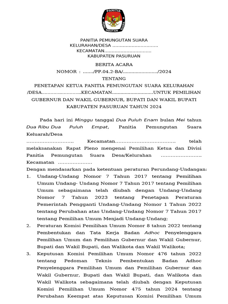 Draf Ba Pemilihan Ketua PPS Pilkada 2024 | PDF