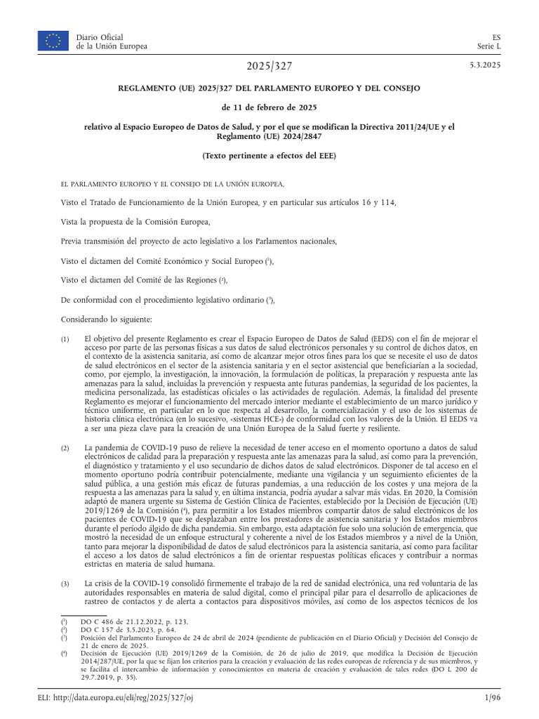 REGLAMENTO 2025_327 UE Datos de salud | PDF | Cuidado de la salud | Registro Electrónico de Salud