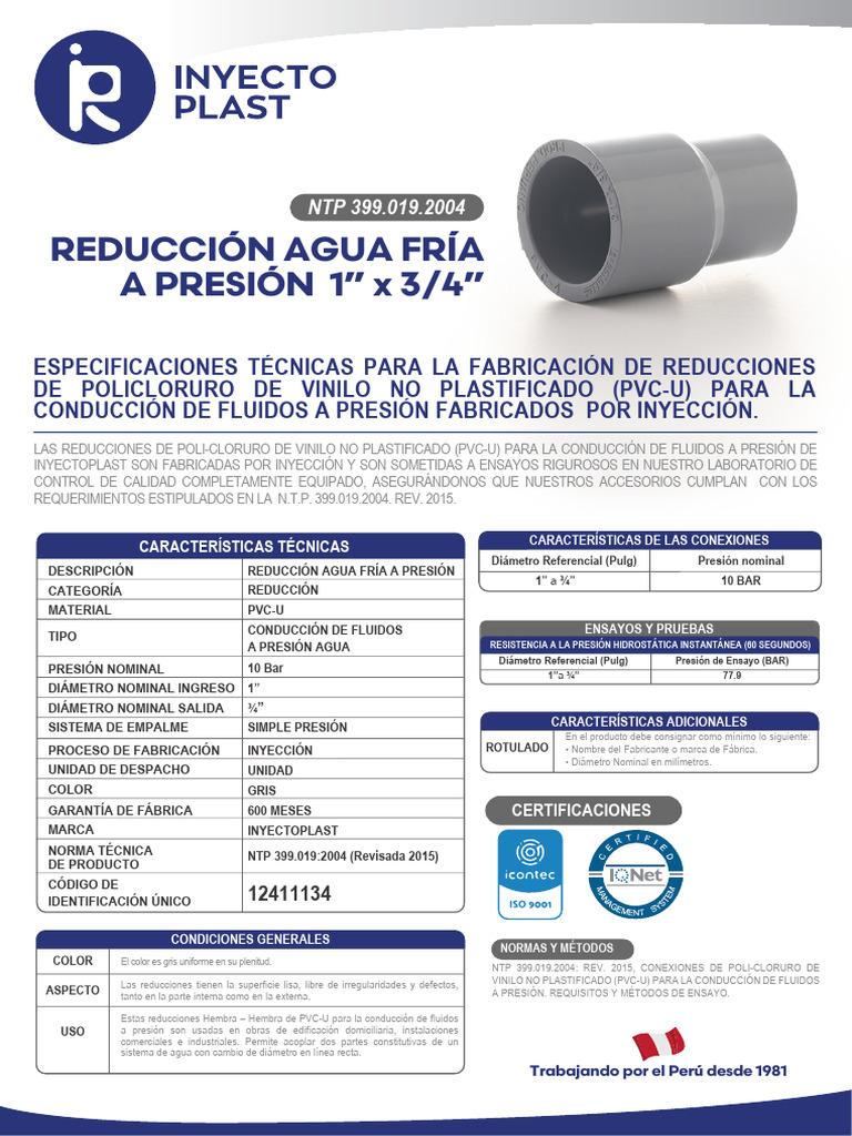 Reducción PVC-U 1” x ¾” 10 Bar | PDF | Presión