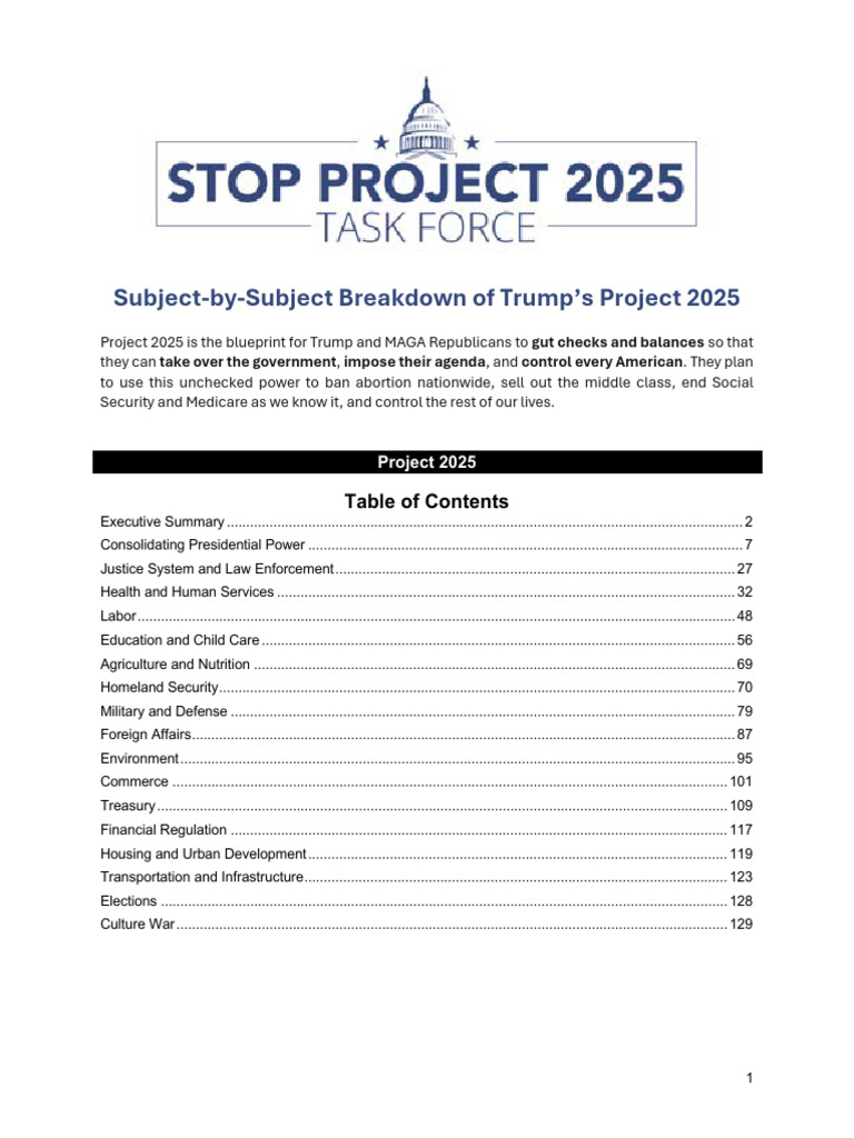 Stop Project 2025 Task Force's Project 2025 Subject-By-Subject ...