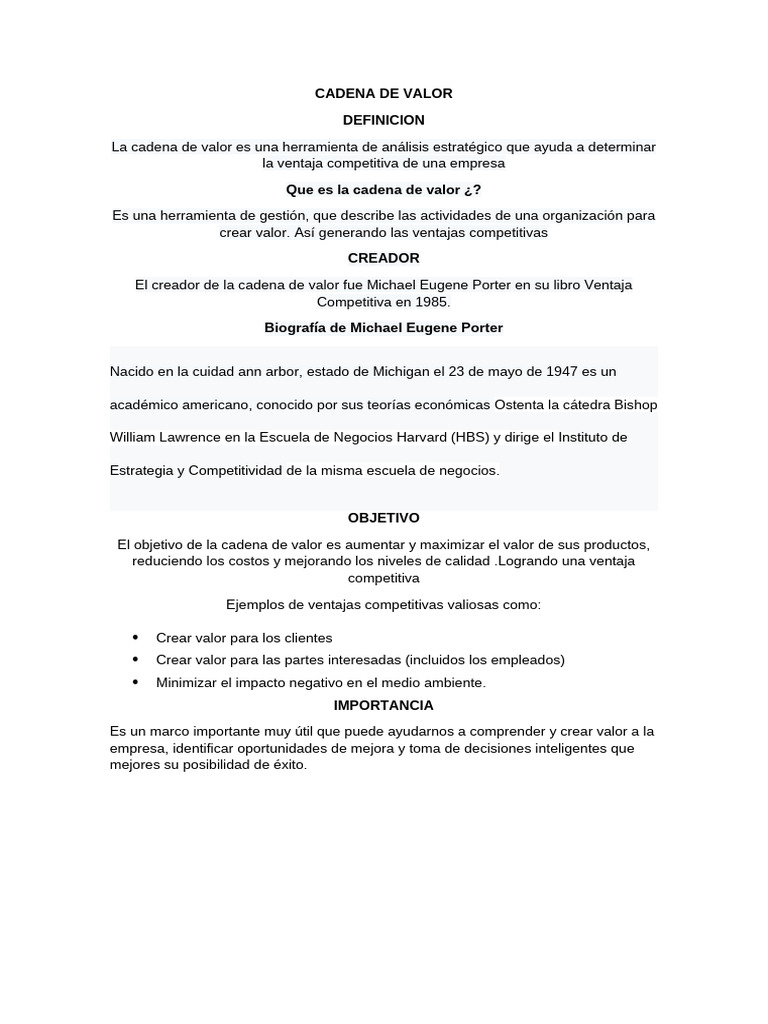 Resumen Cadena de Valor de Michael E. Porter 2 | PDF | Cadena de valor ...