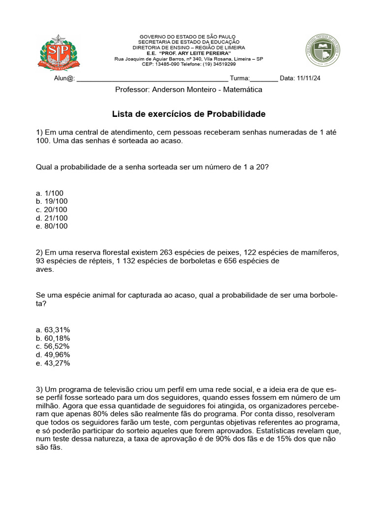 Lista de Exercicios de Probabilidade | PDF
