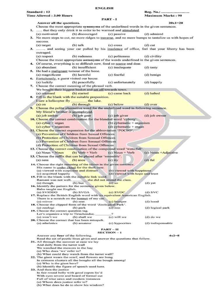 12th Eng Model Public Exam I - 2025 | PDF
