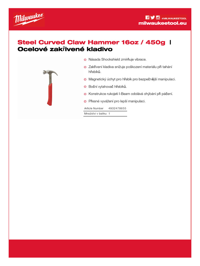 MILWAUKEE Steel Curved Claw Hammer Ocelové Zakřivené Kladivo 16oz ...