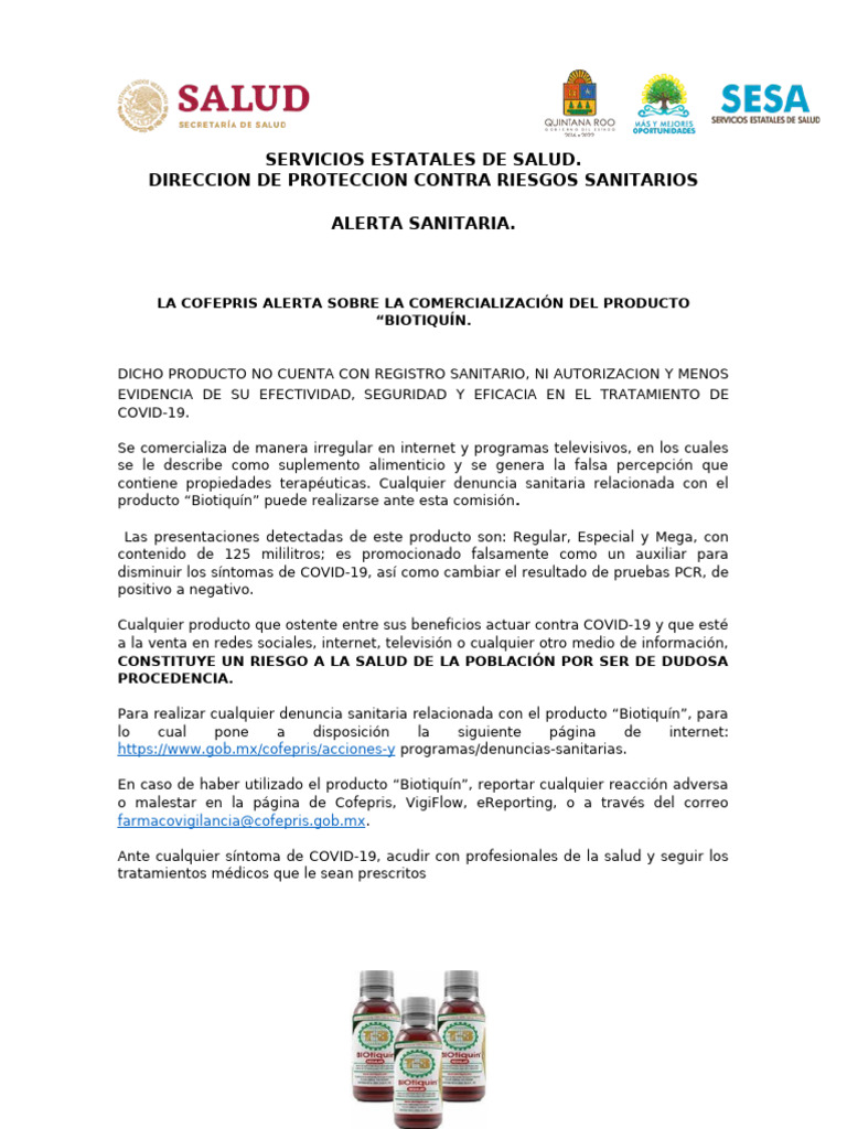Alerta sobre el producto Biotiquín COVID-19 | PDF