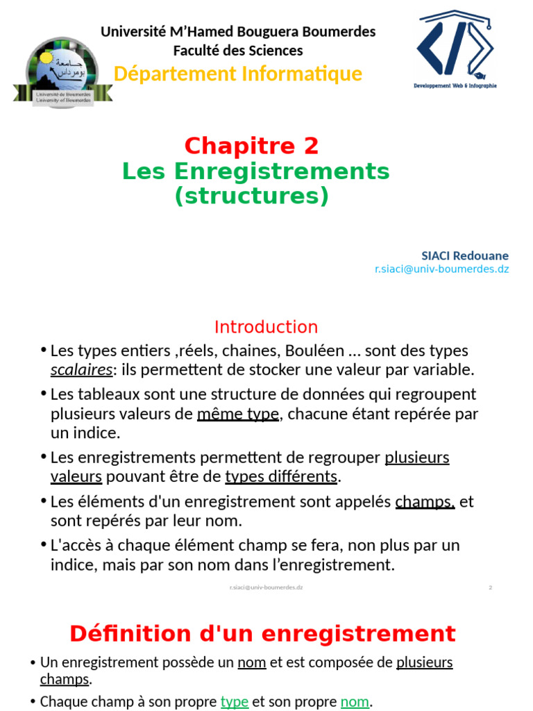 Chapitre 1 Les Enregistrements (Structures) | PDF | C (Langage de programmation) | Informatique