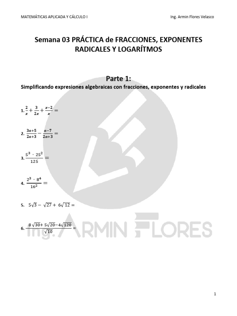 Semana 03 PRÁCTICA de FRACCIONES EXPONENTES RADICALES Y LOGARÍTMOS 2025 ...