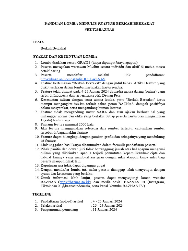 Panduan Lomba Menulis Feature #Hut23baznas | PDF