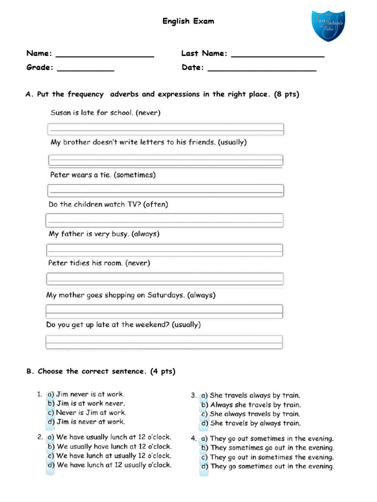 English Exam on Frequency Adverbs | PDF
