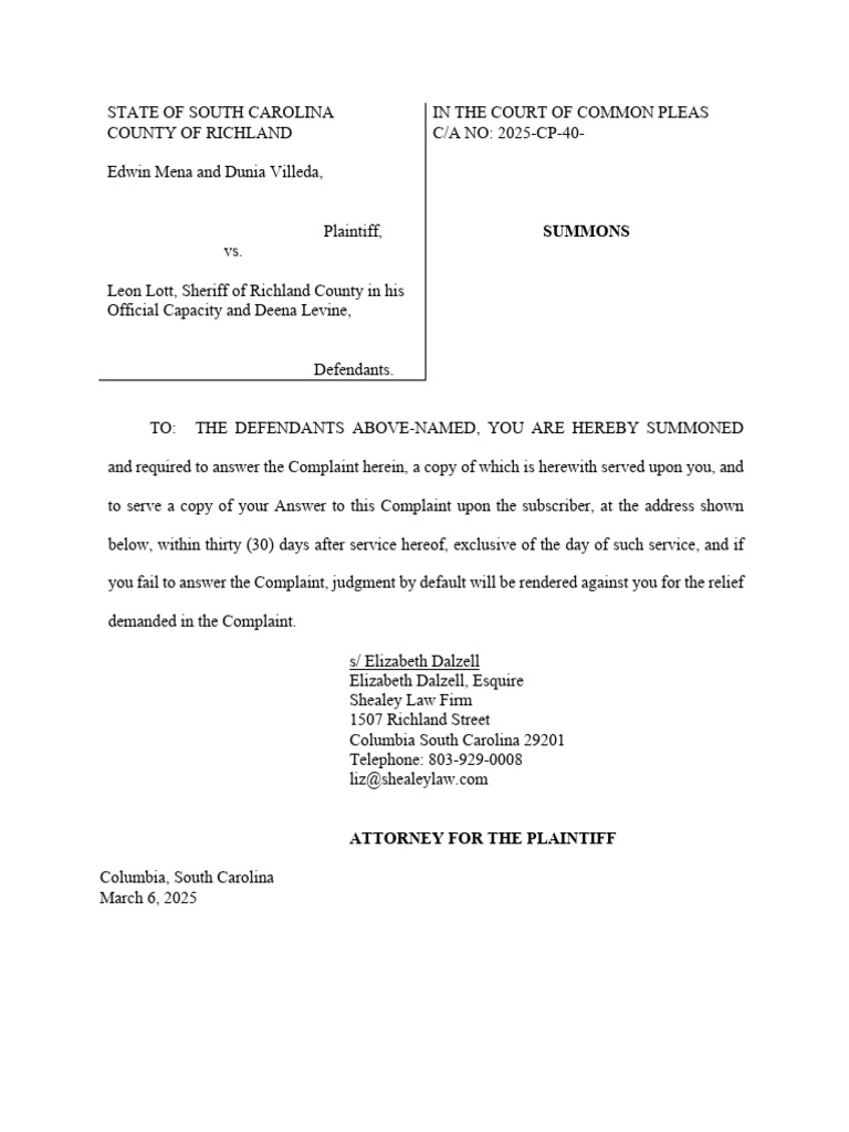 COMPLAINT Edwin Mena and Dunia Villeda vs. Leon Lott, and Deena Levine | PDF | Defamation ...